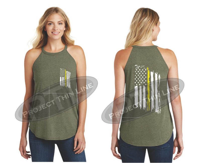Women's Thin YELLOW Line Tattered American Flag rocker Tank Top ...